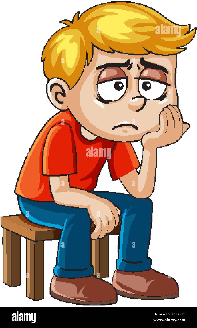 Cartoon illustration of a bored child with blonde hair sitting on a ...