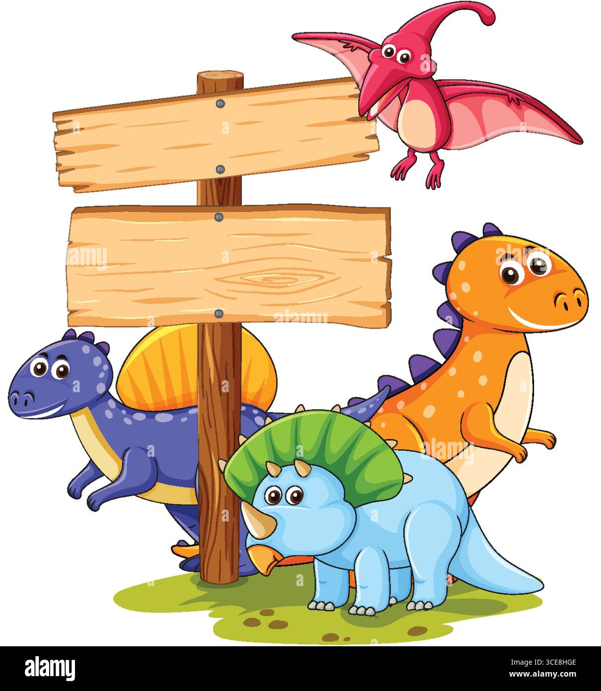 Vibrant vector illustration of playful dinosaurs around a blank wooden ...