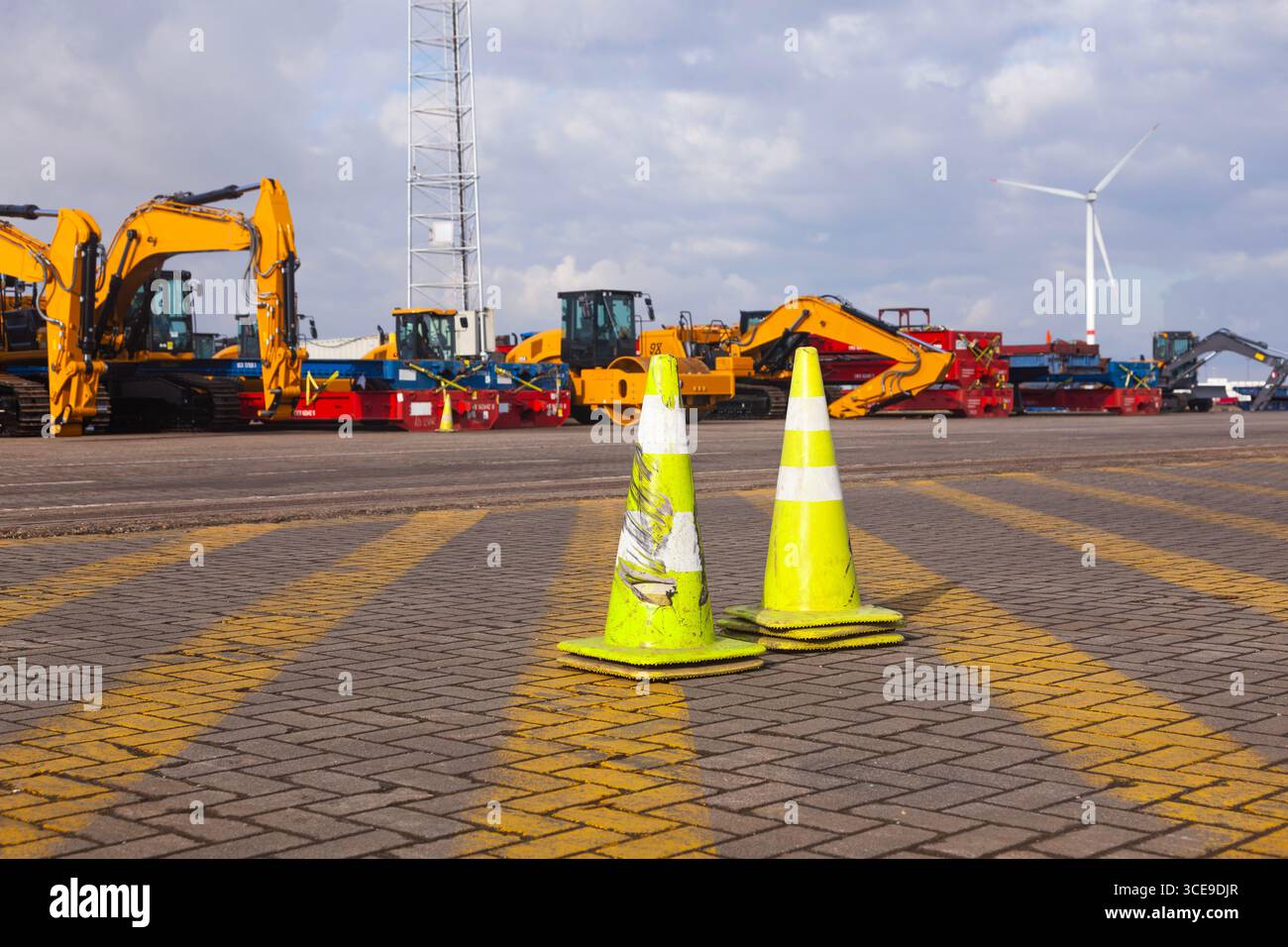 Traffic cones are placed in the area with construction equipment Stock ...