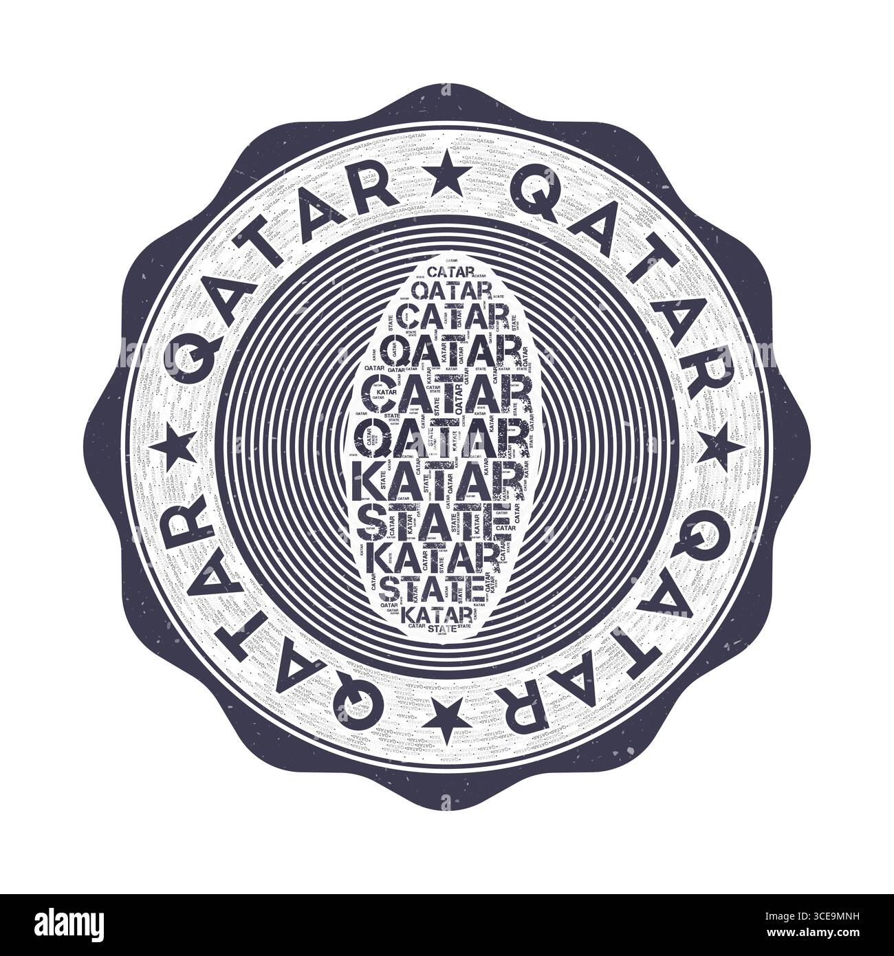 Qatar seal. Country round logo with the shape of Qatar and country name ...