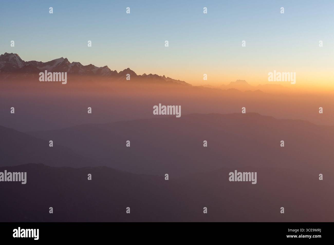 Misty landscape in Himalayas. Foggy mountain ridges on sunrise. Amazing ...