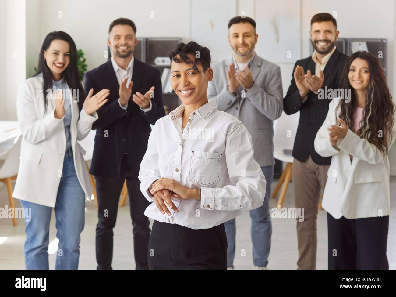 Support and compliments, applause to proud happy woman from corporate ...