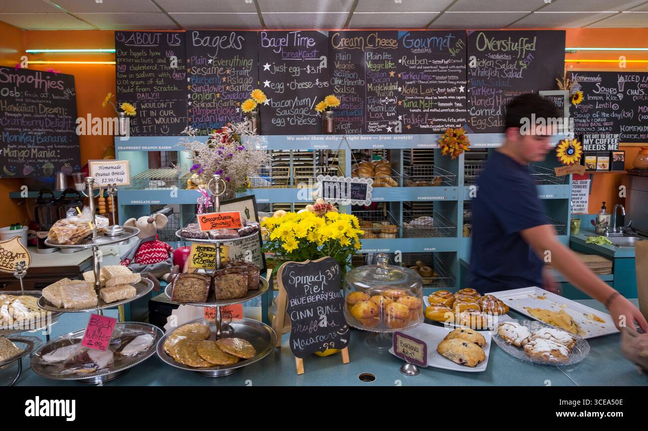Hand drawn chalk menu boards inside Bagel Time bakery, Worcester ...