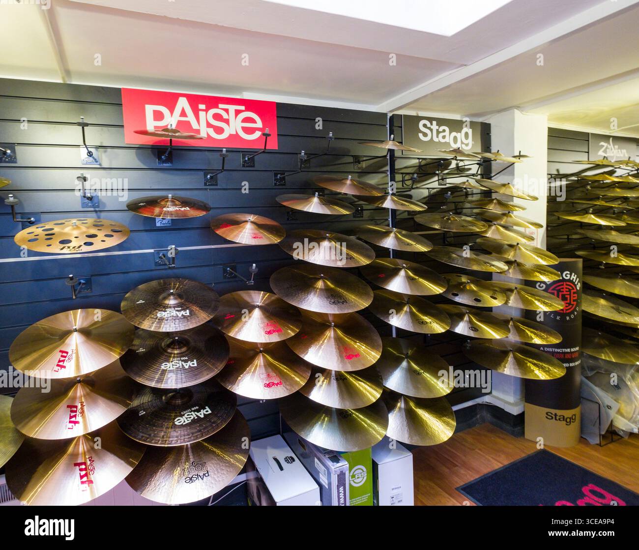 Various types and styles of cymbals on display inside Footes Drums ...