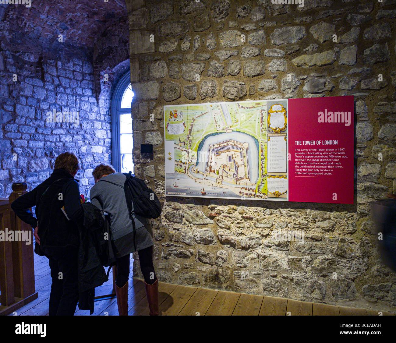 Illustrated map of the Tower of London on stone wall inside the White Tower, Innermost Ward ...