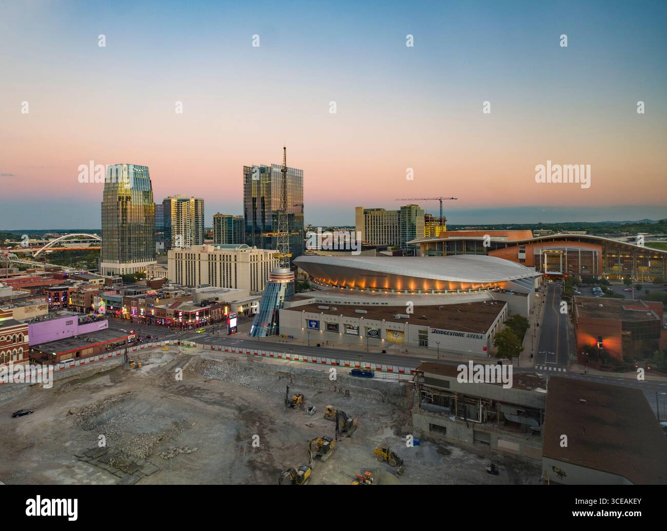 Aerial view of lower Broadway and the Bridgestone Arena with the ...