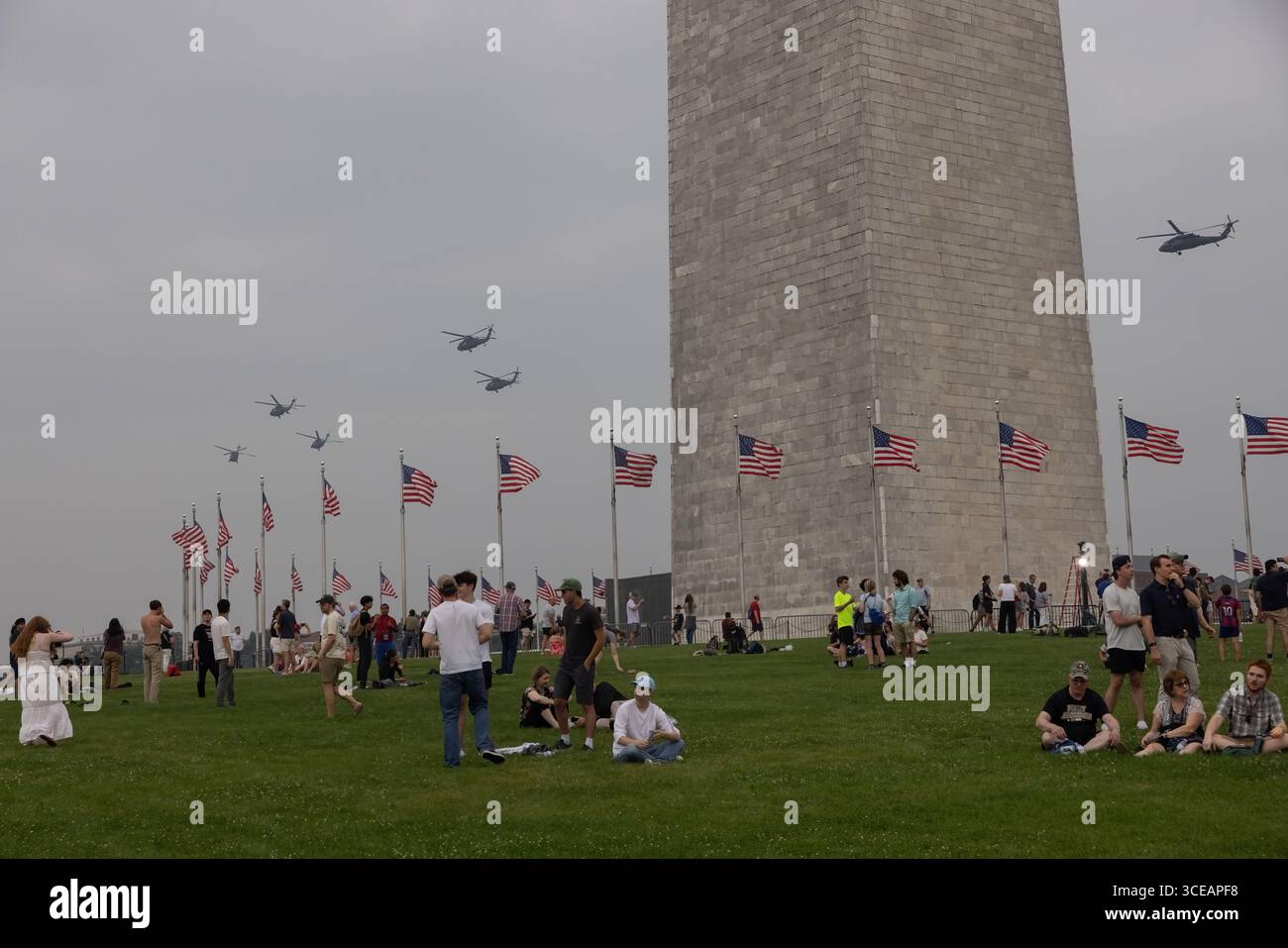 WASHINGTON, D.C. – June 14, 2025: Helicopters pass the Washington ...