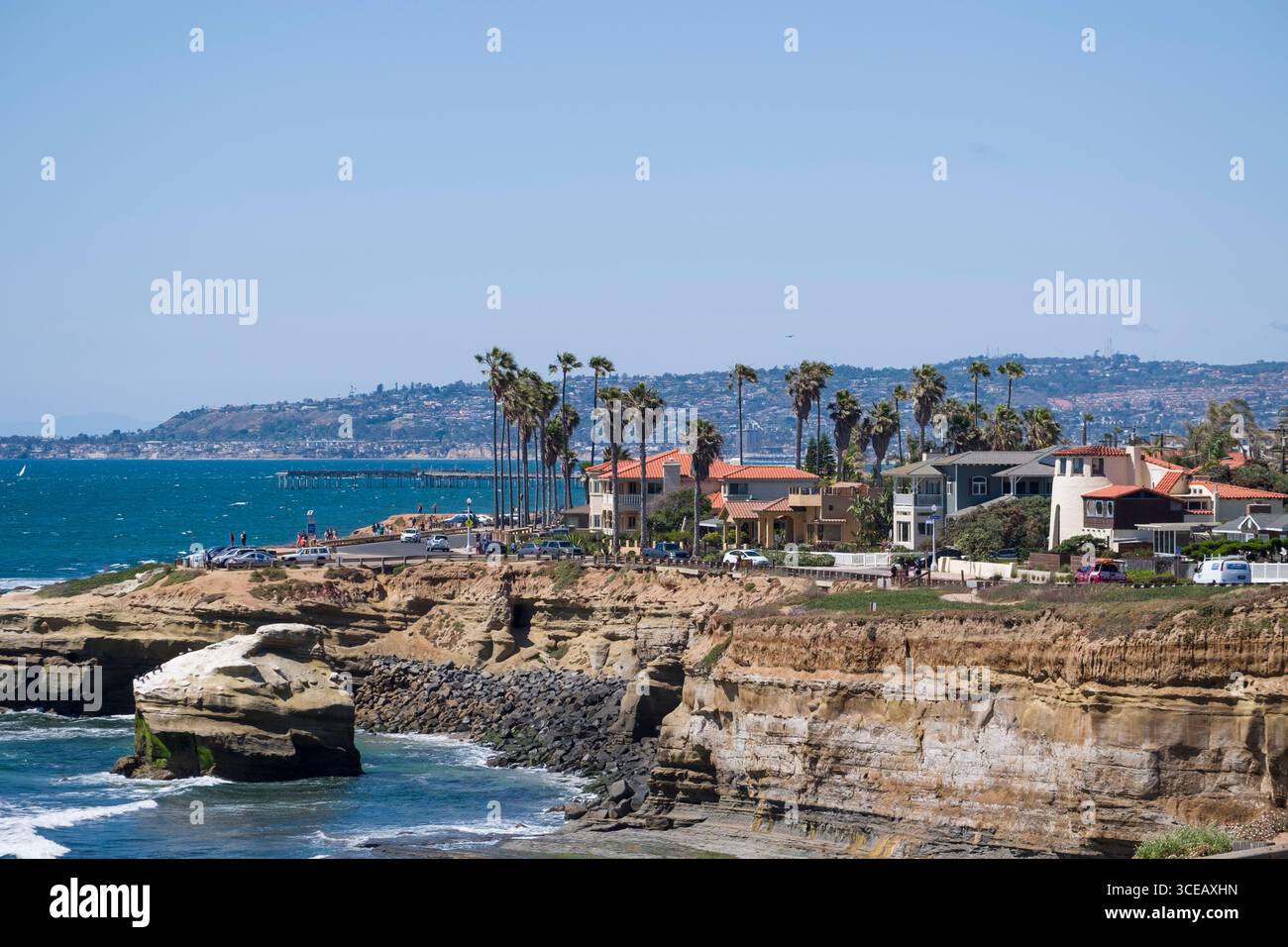 Rugged rocky sea cliffs along Sunset Cliffs Boulevard, San Diego ...