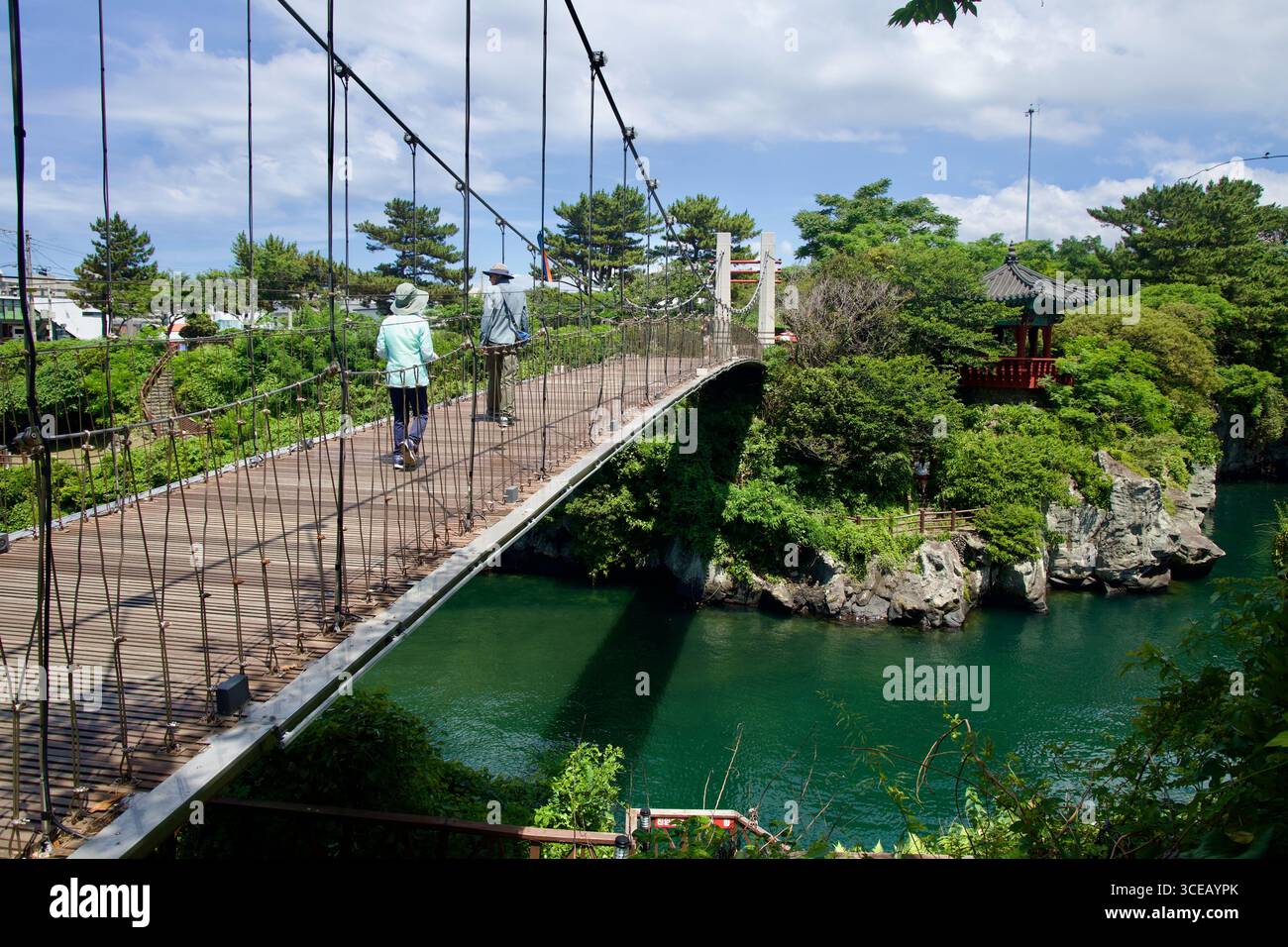 Pedestrians cross the wooden‑decked Yongyeon Cloud Bridge over emerald ...