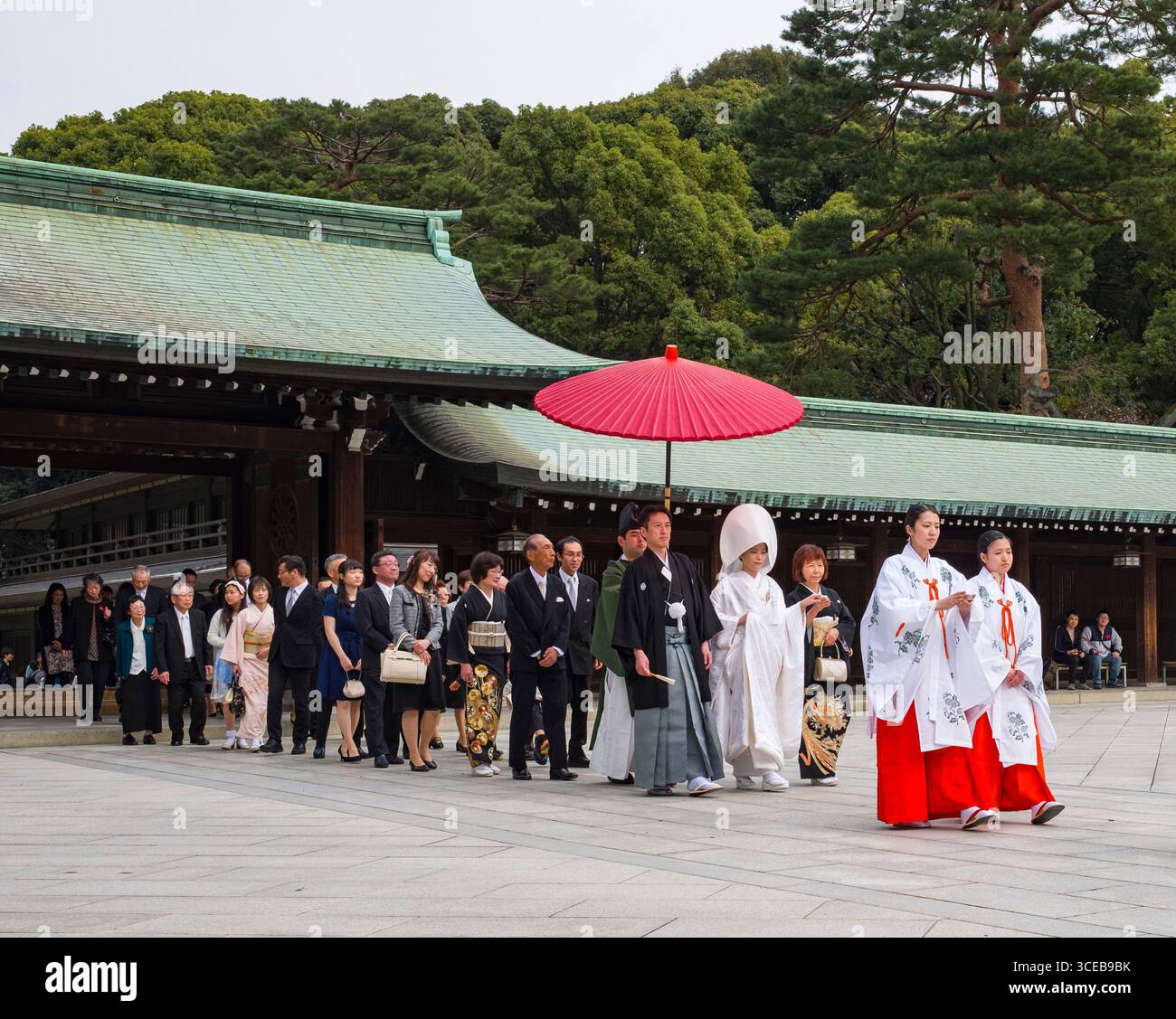 Shinto wedding procession with bride wearing the traditional watabōshi ...