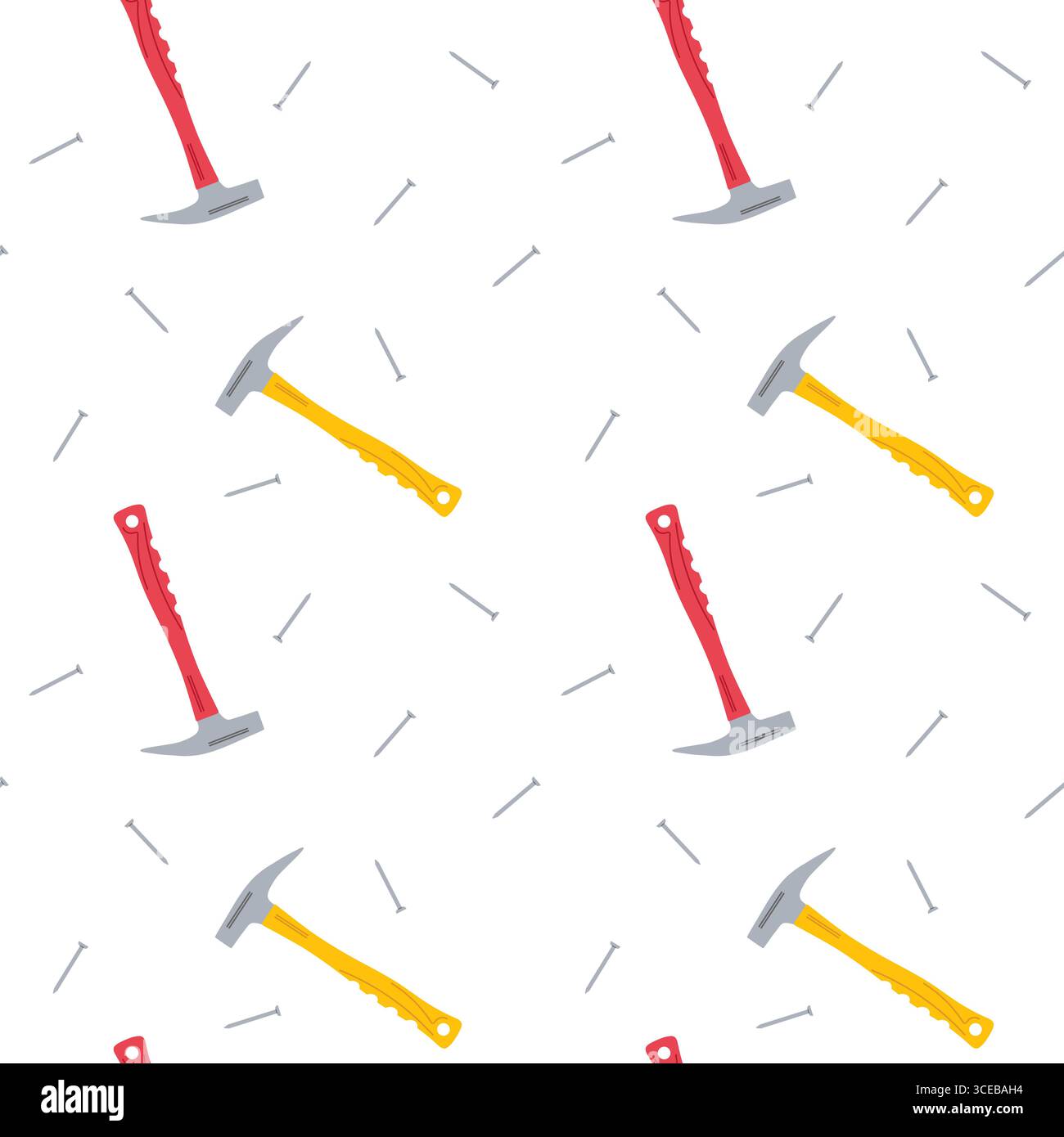 Colorful hammers and nails arranged in a repetitive pattern on a white ...