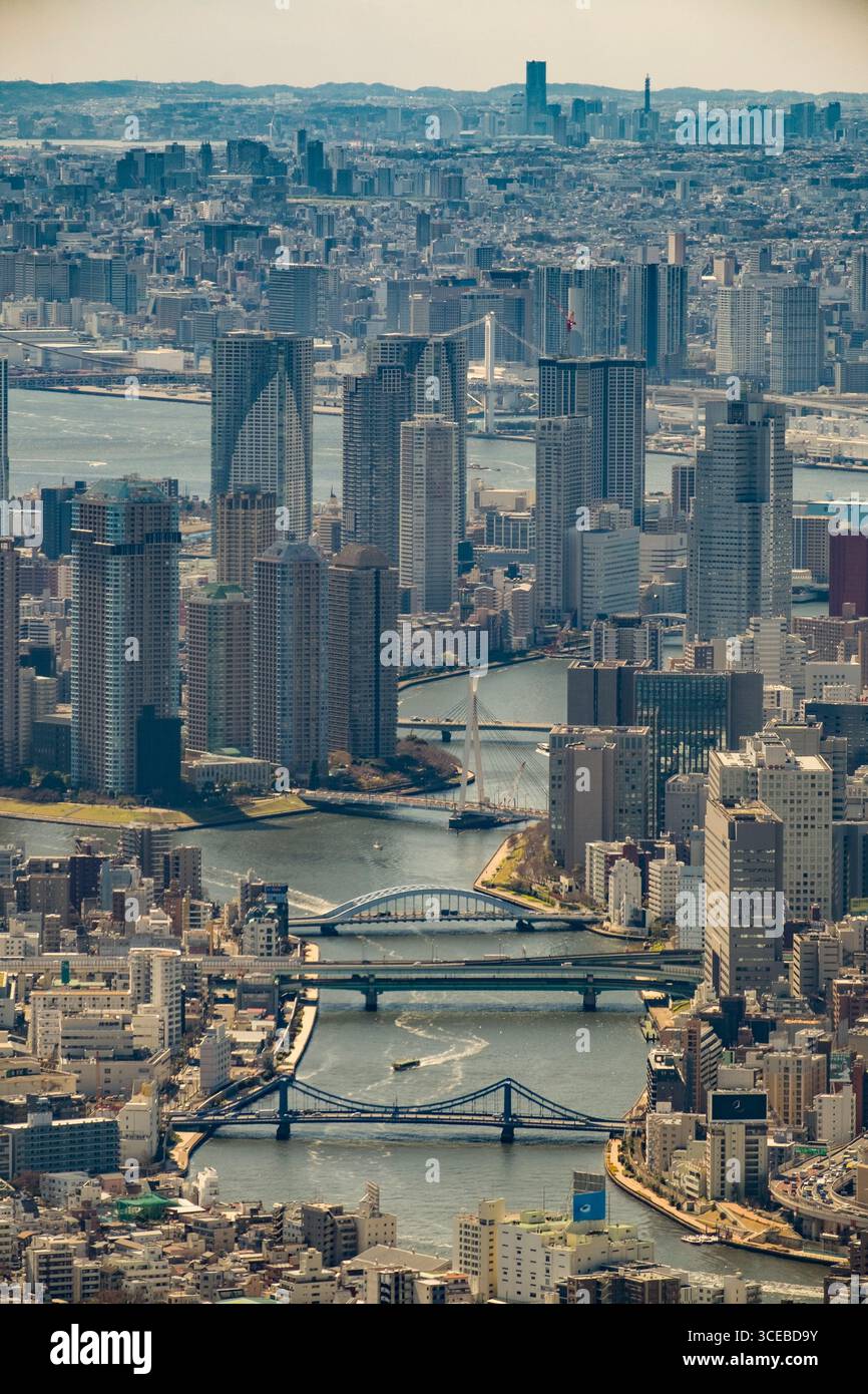 Aerial view looking Southwest along the Sumida River towards Okawabata ...