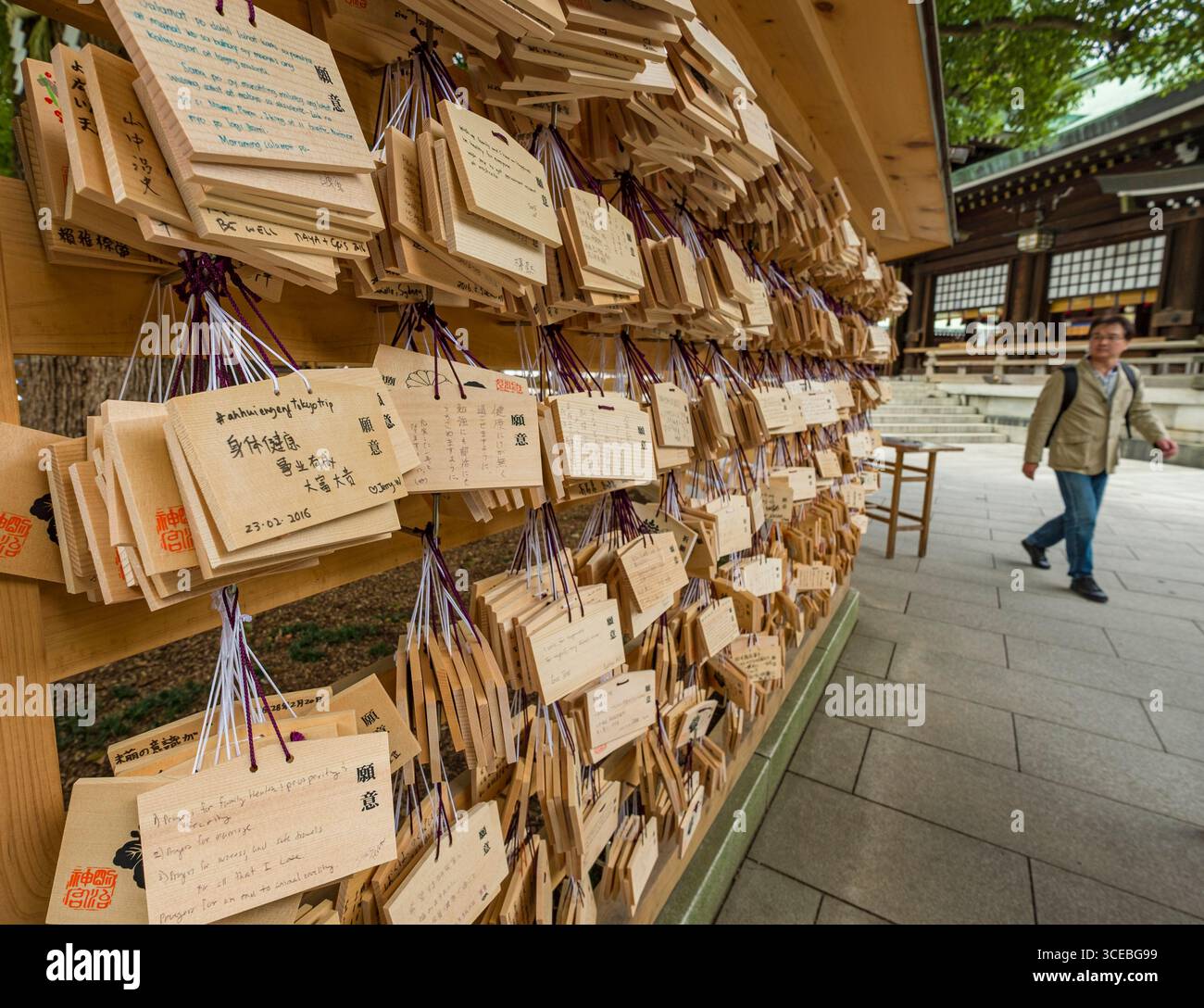 Written wishes on wooden tablets known as Ema in the Meiji Jingu Shinto ...