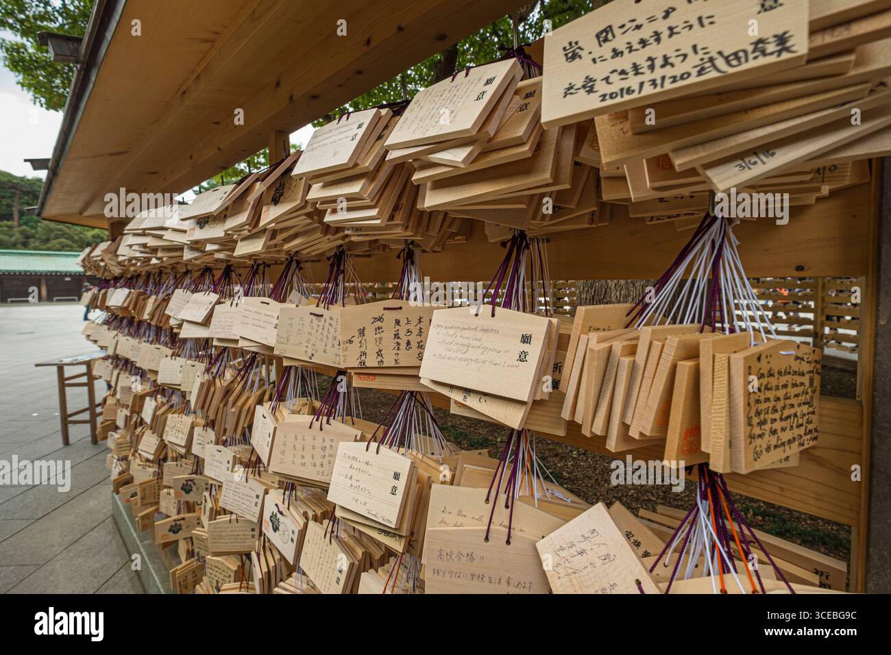 Written wishes on wooden tablets known as Ema in the Meiji Jingu Shinto ...