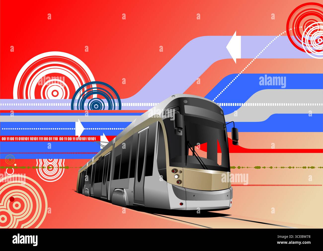 Abstract hi-tech color background with tram image. 3d vector hand drawn ...