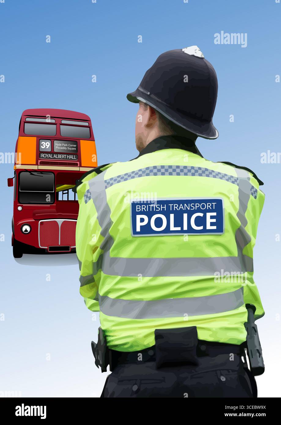 United Kingdom police man in a uniform with inscription "POLICE ...