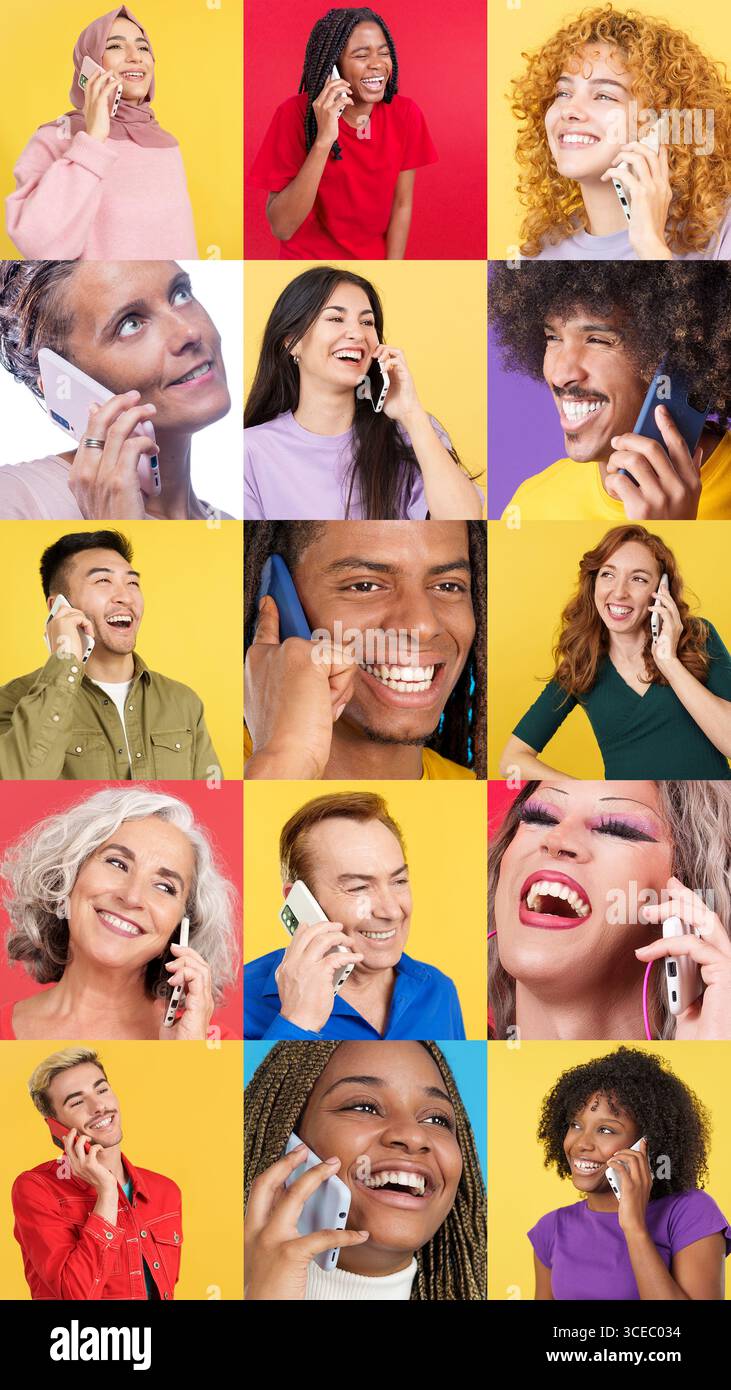 Mosaic of happy people talking to the mobile Stock Photo - Alamy