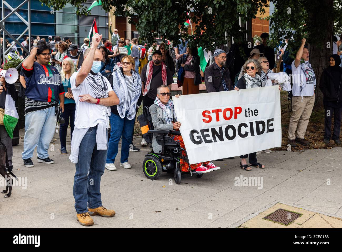Leeds, UK. 16 AUG, 2025. Protestors hold "Stop the Genocide" banner as ...