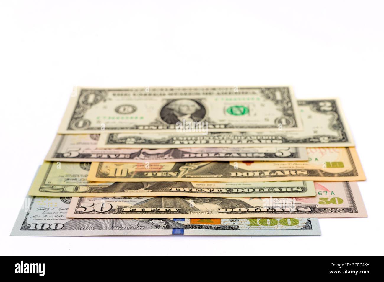US Dollar Banknotes in Multiple Denominations Laid Out in Perspective ...