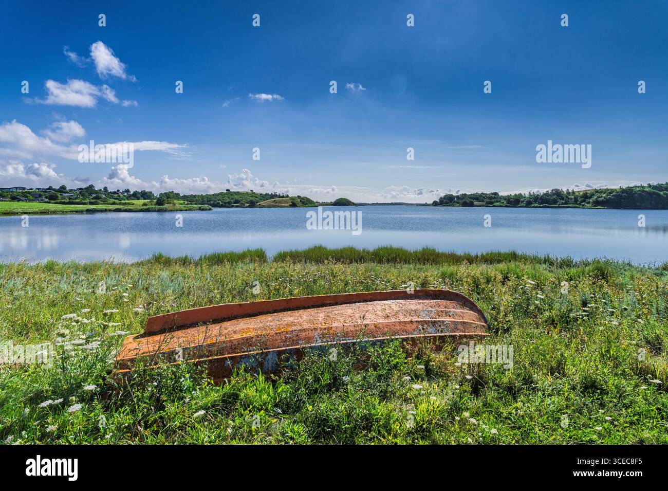 Idyllic natural lakeside scenery featuring calm blue waters, a vivid ...