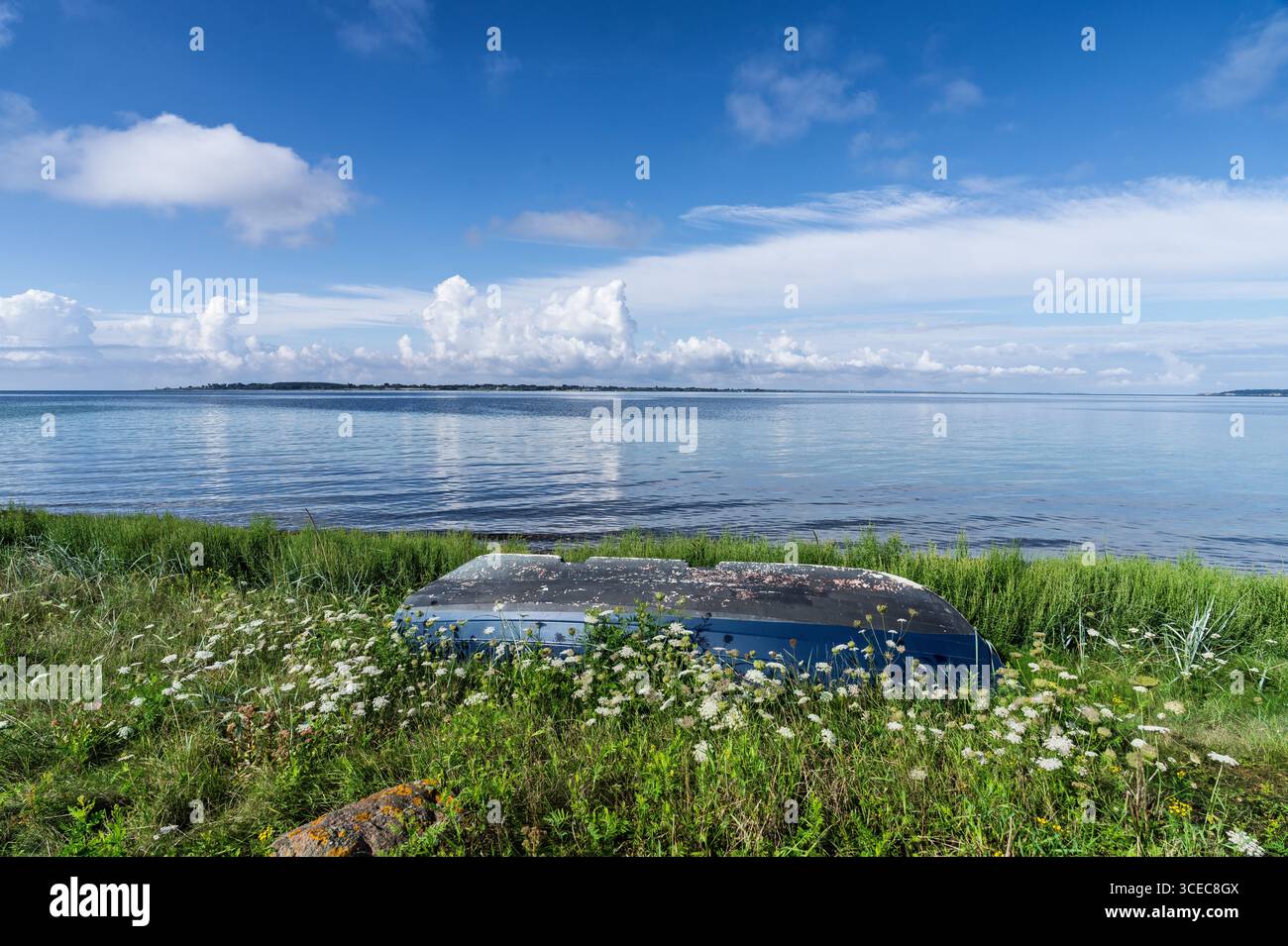 Idyllic natural lakeside scenery featuring calm blue waters, a vivid ...