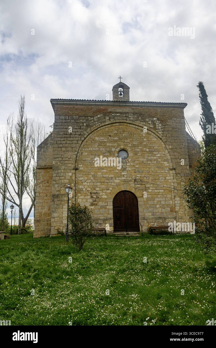 Historic Romanesque chapel with stone walls and bell gable in Fromista ...