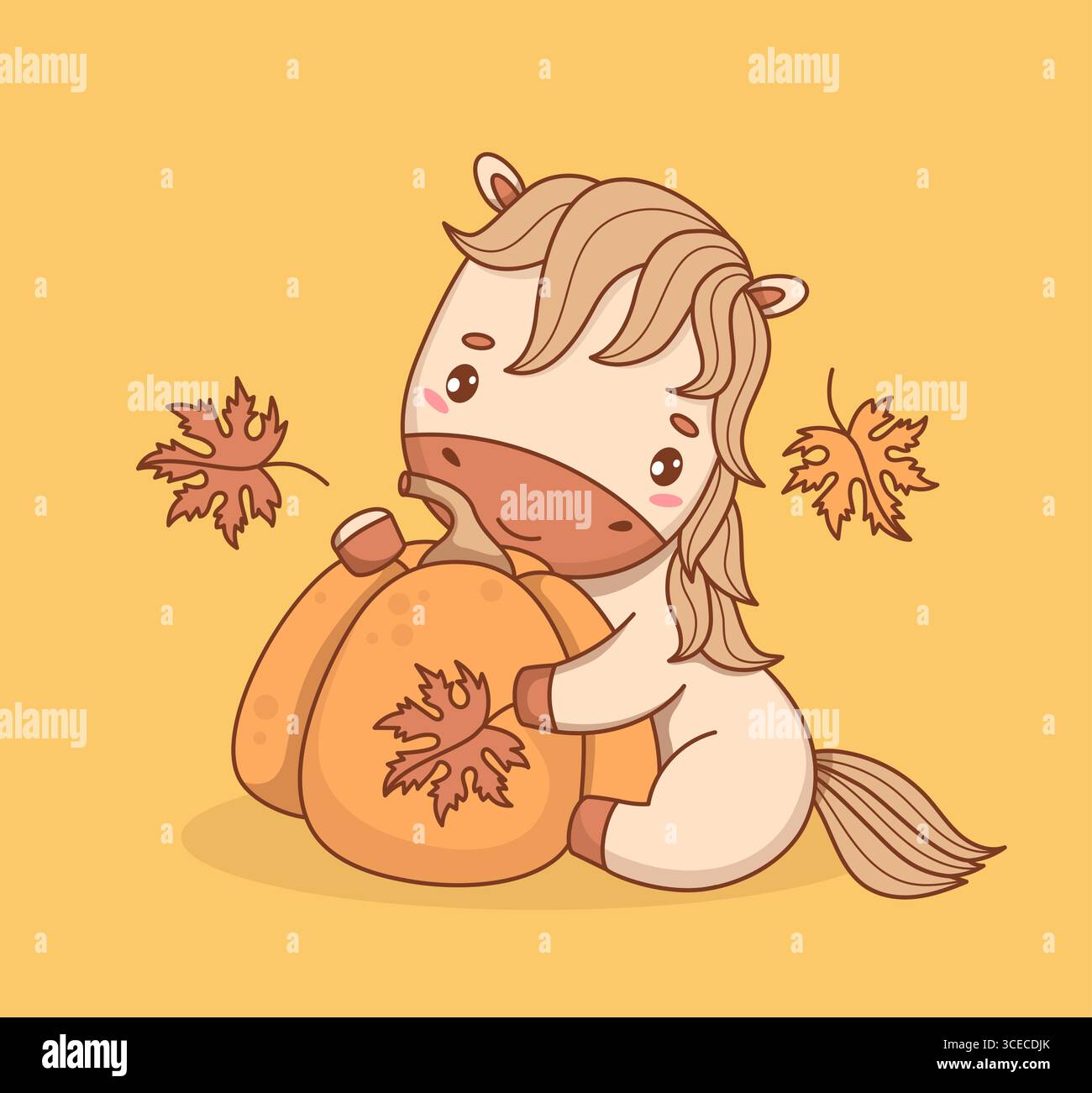 Cute Little Autumn Pony sitting and hugging big pumpkin with Fall ...