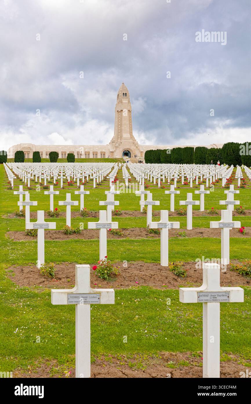 Verdun Douaumont Ossuary memorial tower and military cemetery with ...