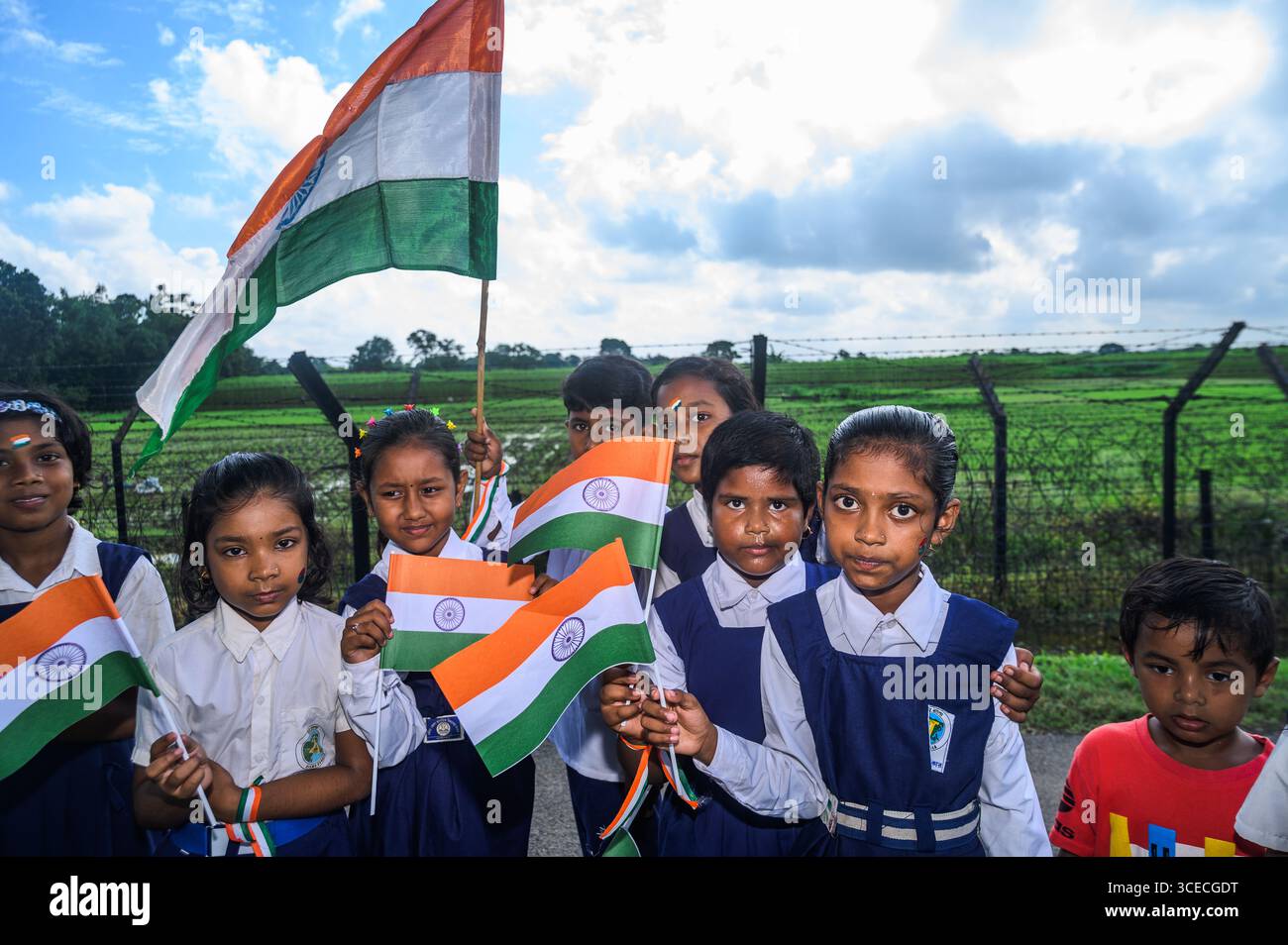 India's 79th Independence Day celebration in the village on the India-Bangladesh barbed wire ...