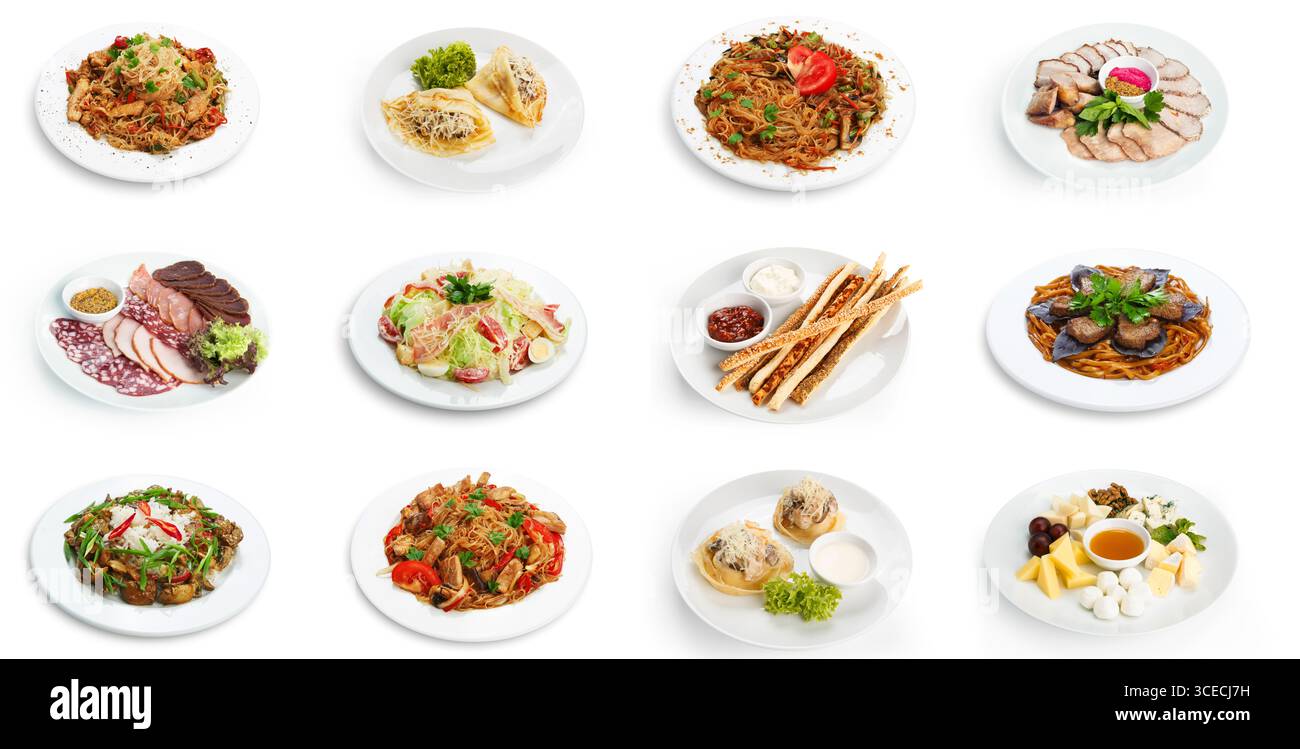 Collage of restaurant dishes isolated on white Stock Photo - Alamy