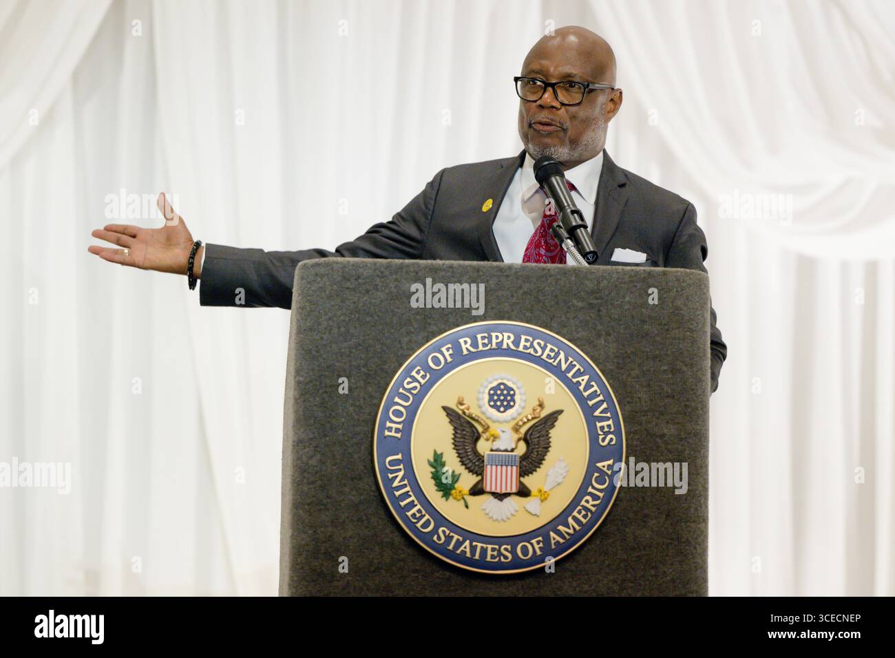 Bishop James Dixon, II speaks on stage during the annual Slavery ...