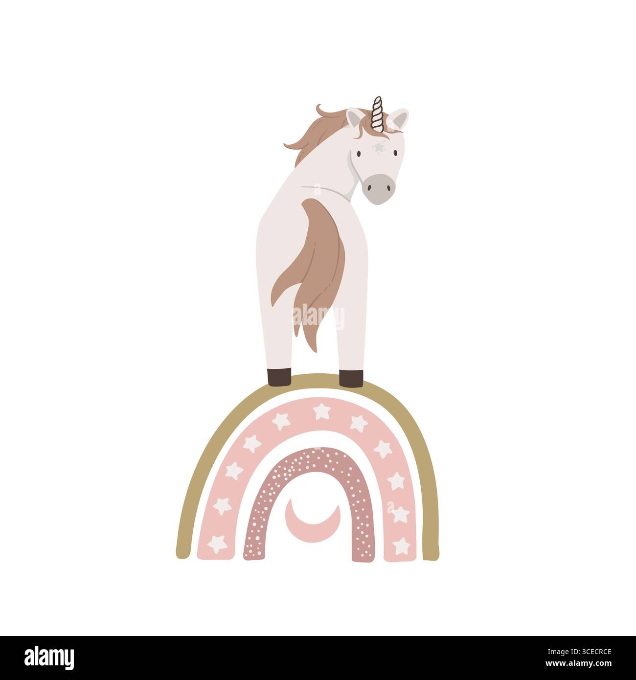 Hand drawn magic unicorn on rainbow isolated on white background. Cute ...