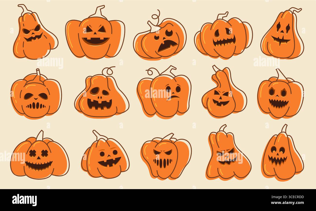 Halloween doodle faces. Cartoon scary pumpkin lanterns with spooky ...