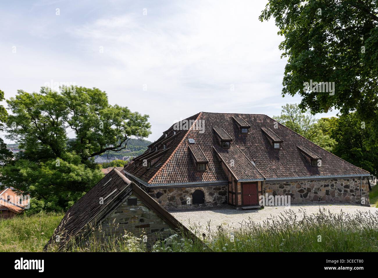 Stone house and wall at Akershus fortress in Oslo, Norway. Vidkun ...