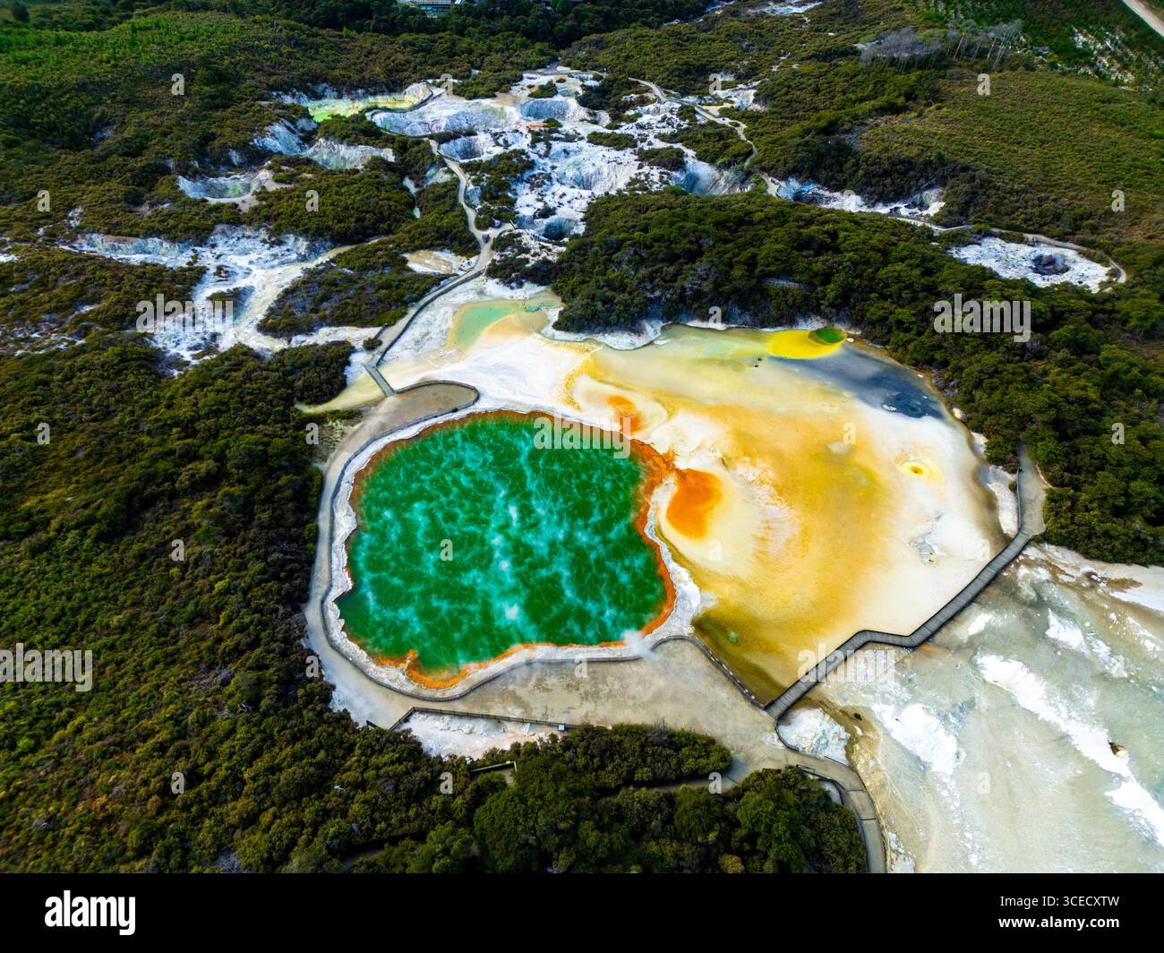 Aerial view of the vibrant Champagne Pool in Wai-O-Tapu geothermal park ...