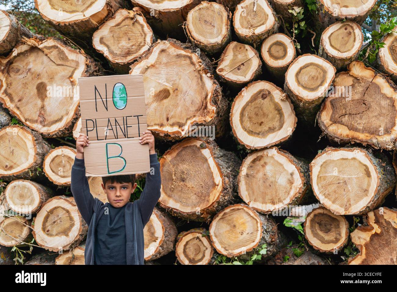 A child holds a sign reading No Planet B against a backdrop of freshly cut tree logs ...