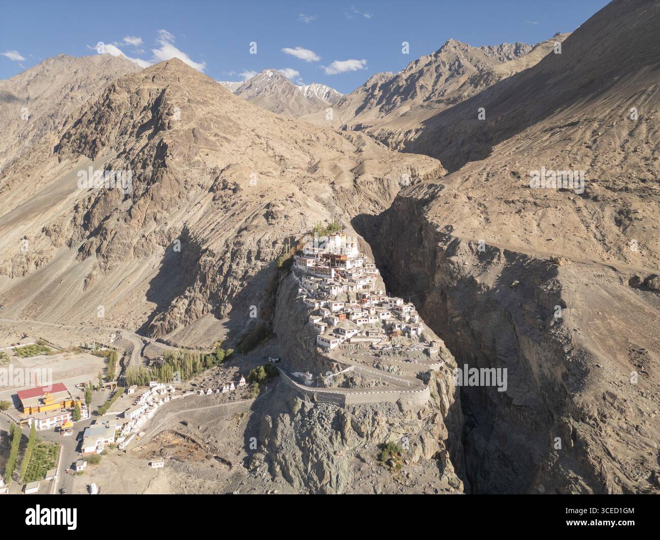 Aerial view of Diskit Gompa Monastery nestled in the rugged terrain of ...