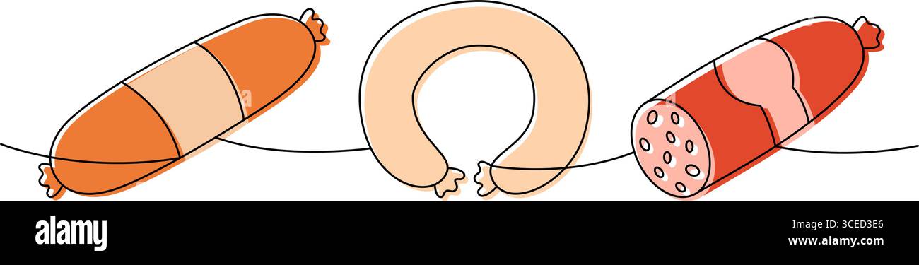 Round sausage, delicious sausages one line colored continuous drawing ...