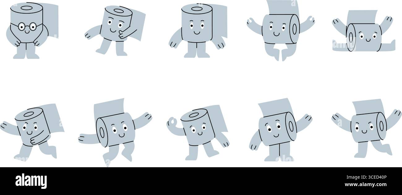 Toilet paper characters. Funny paper roll mascots. Different poses and ...