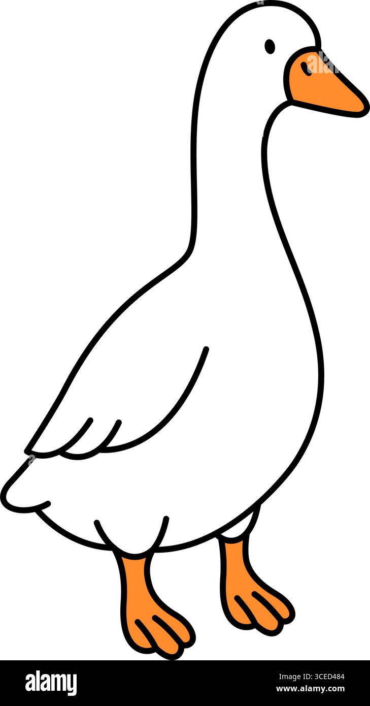 White goose. Cartoon-style farm bird with black outline and orange feet ...