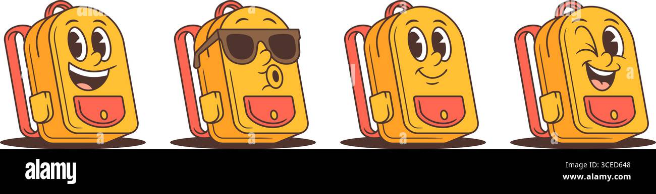 Retro cartoon school backpack mascots with expressive faces, bold ...