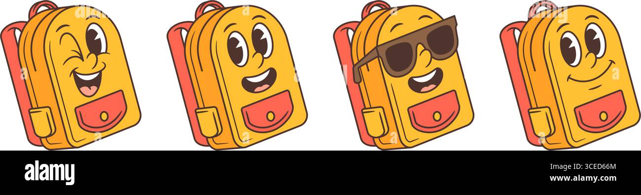 Retro cartoon school backpack mascots featuring playful, cheerful, and ...