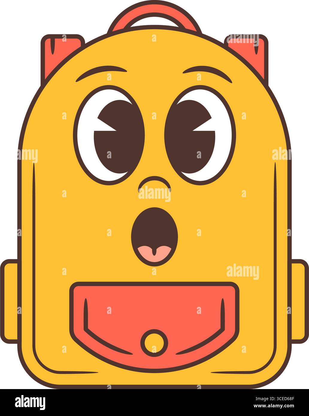 Joyful yellow cartoon school backpack mascot with wide eyes and open ...