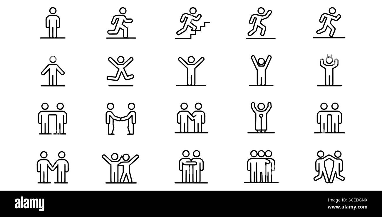Human figures engaged in different activities of black and white icons ...