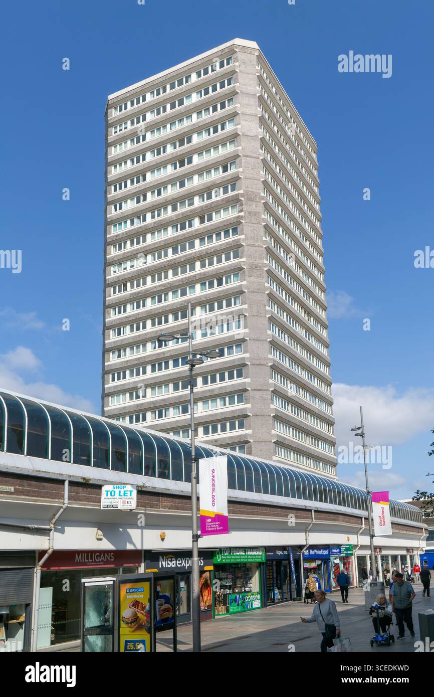Planet House, high-rise tower block of flats above shopping centre in ...
