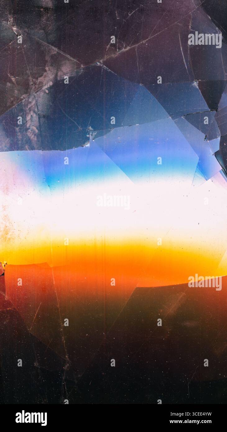Aged film texture. Colorful crash screen. Orange white blue glow on ...
