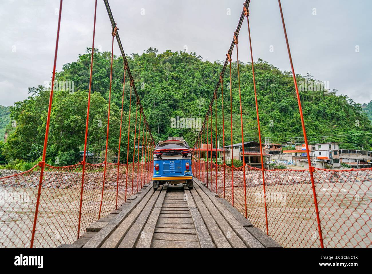 Vehicle crossing Kimiri Bridge over Chanchamayo River, suspension ...