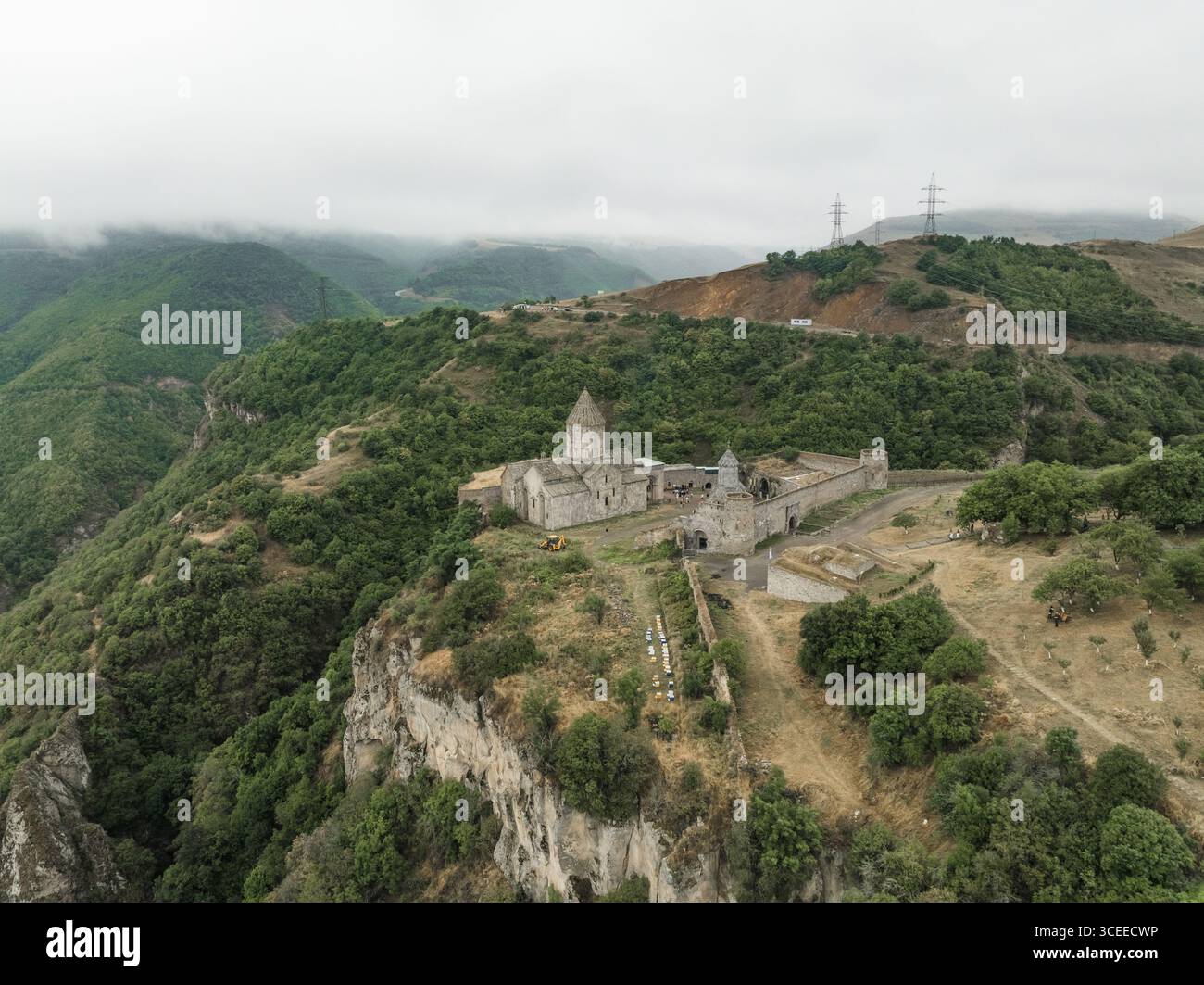 Aerial view of the ancient Tatev Monastery clinging to the edge of a ...