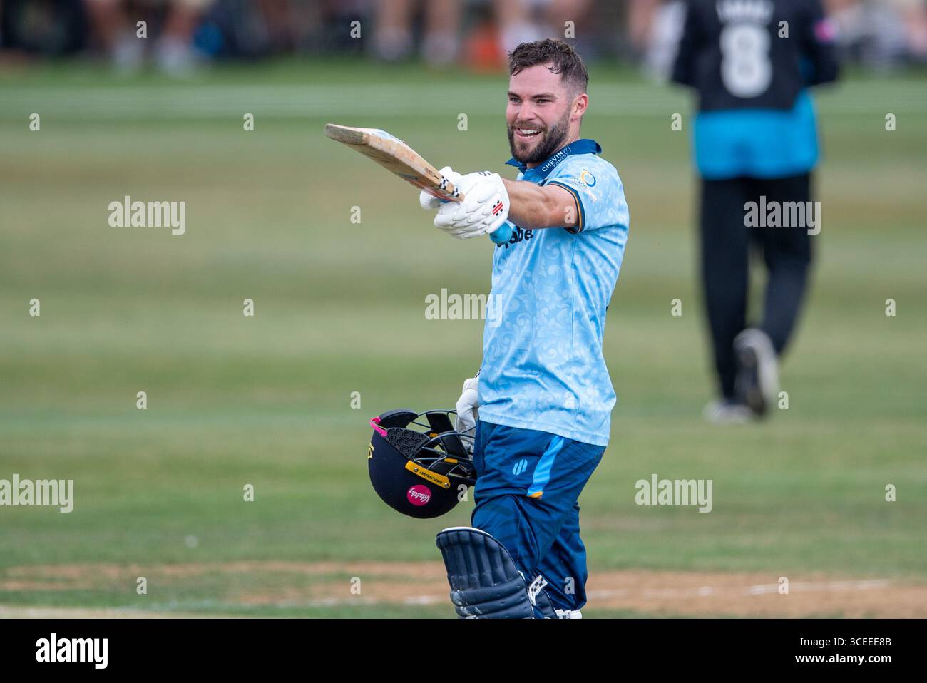 Caleb Jewell celebrates after reaching his century for Derbyshire v ...