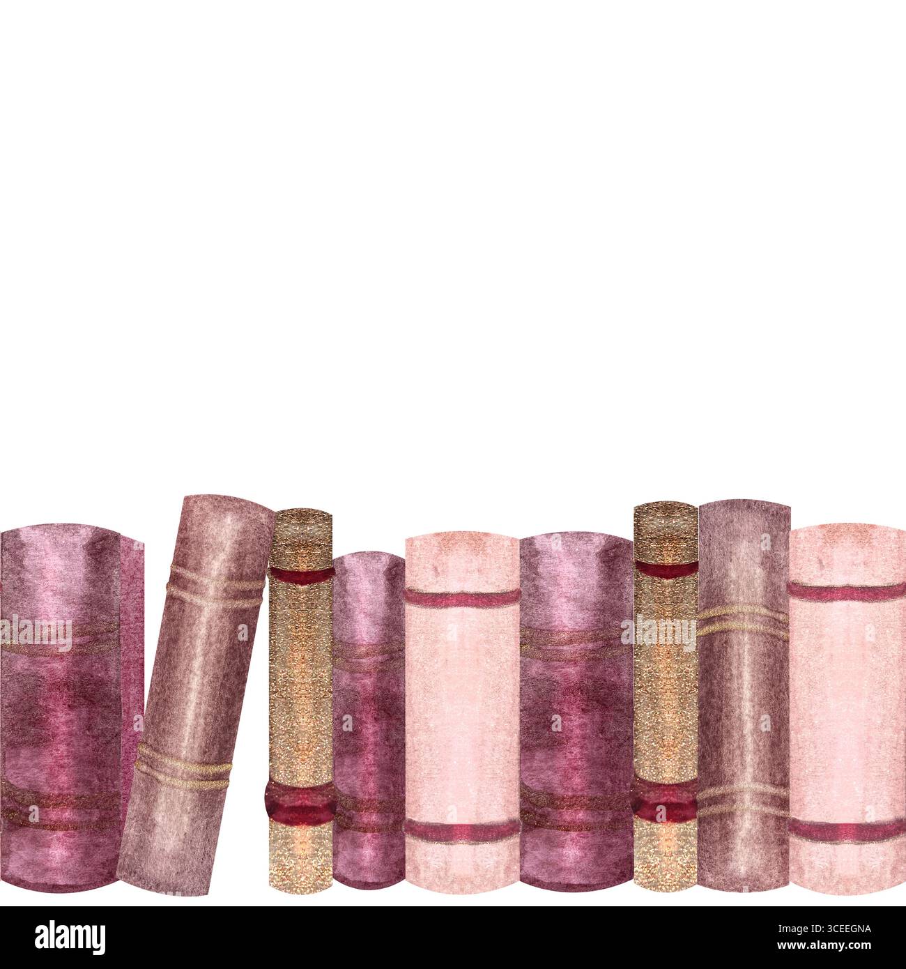 Vintage books in shades of pink. Watercolor horizontal border isolated ...